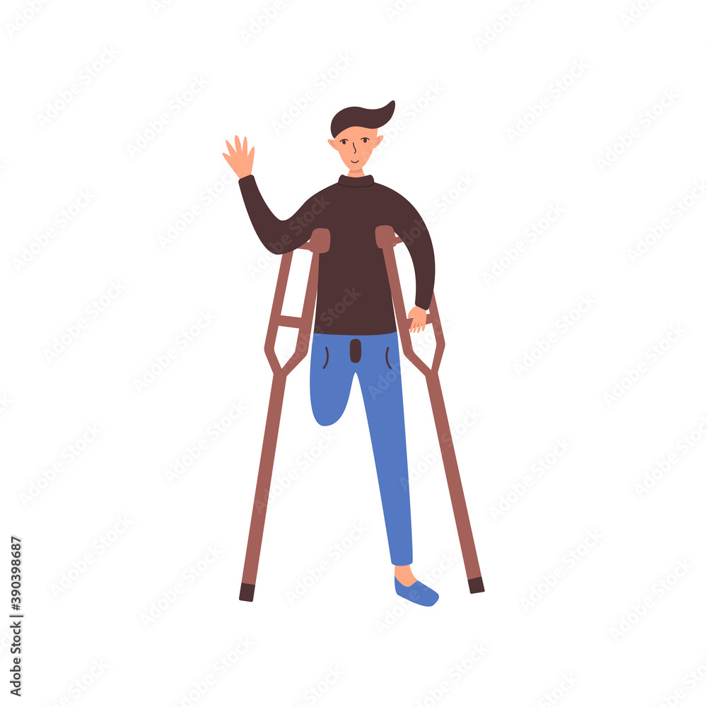 Man with an amputated leg on crutches smiles and waves. Disabled person ...