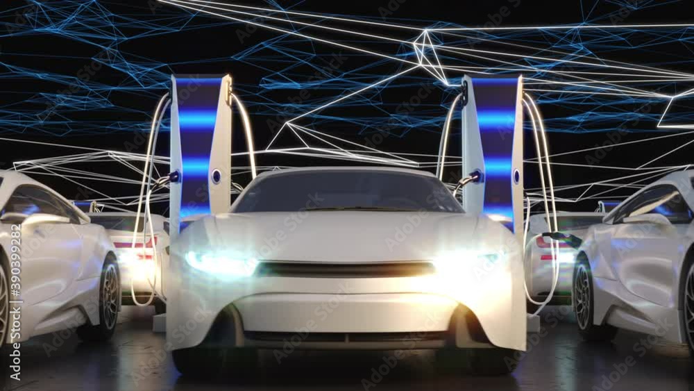 Video „Charging electric vehicles in the parking lot. Neon rays create ...