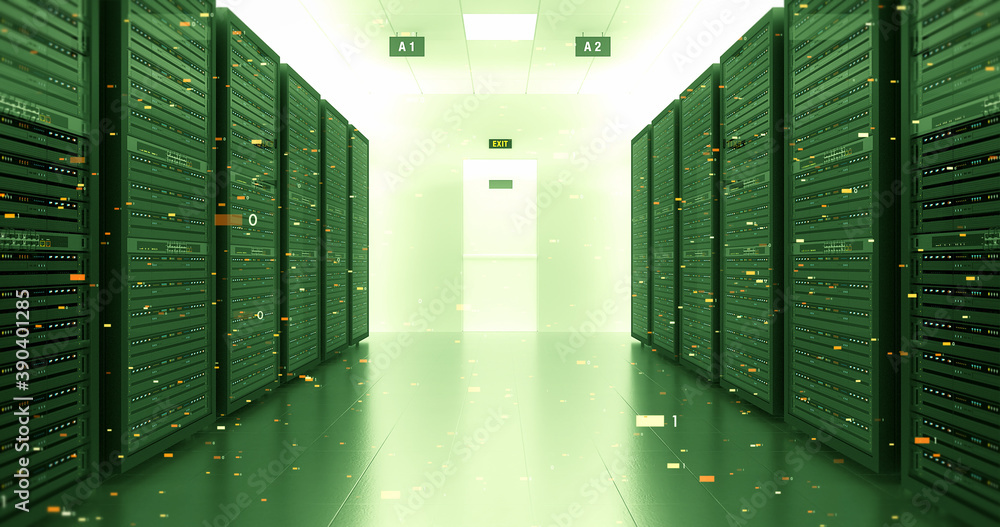 Server Racks In a Modern Data Center. High Tech Environment With Flying ...