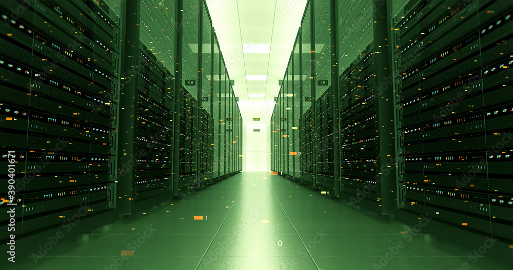 Server Racks In a Modern Data Center. High-Tech Background With Flying ...
