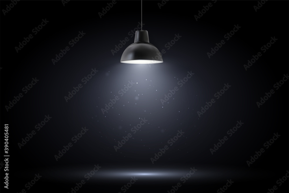 Lamp in dark room. Spotlight on black background. Place for text or ...