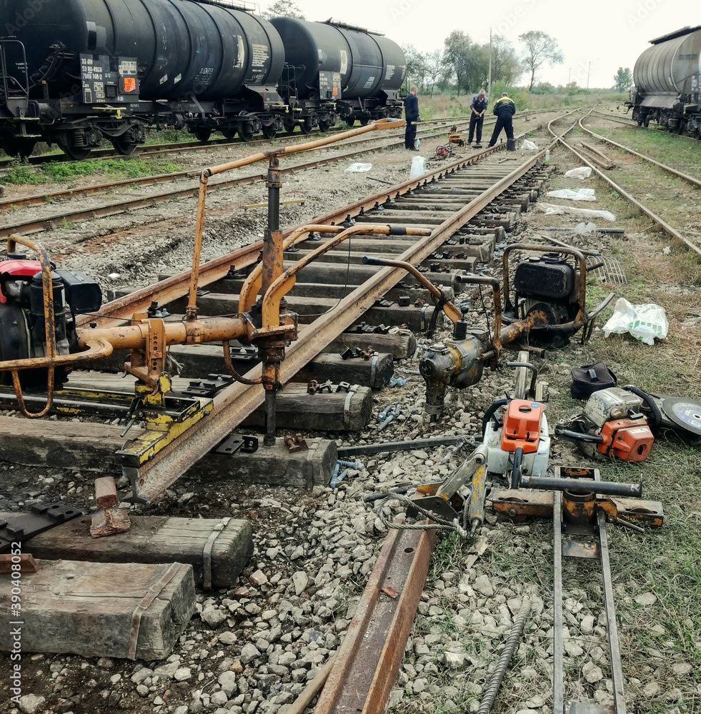 Railway repair, a multitude of different tools for dismantling of ...