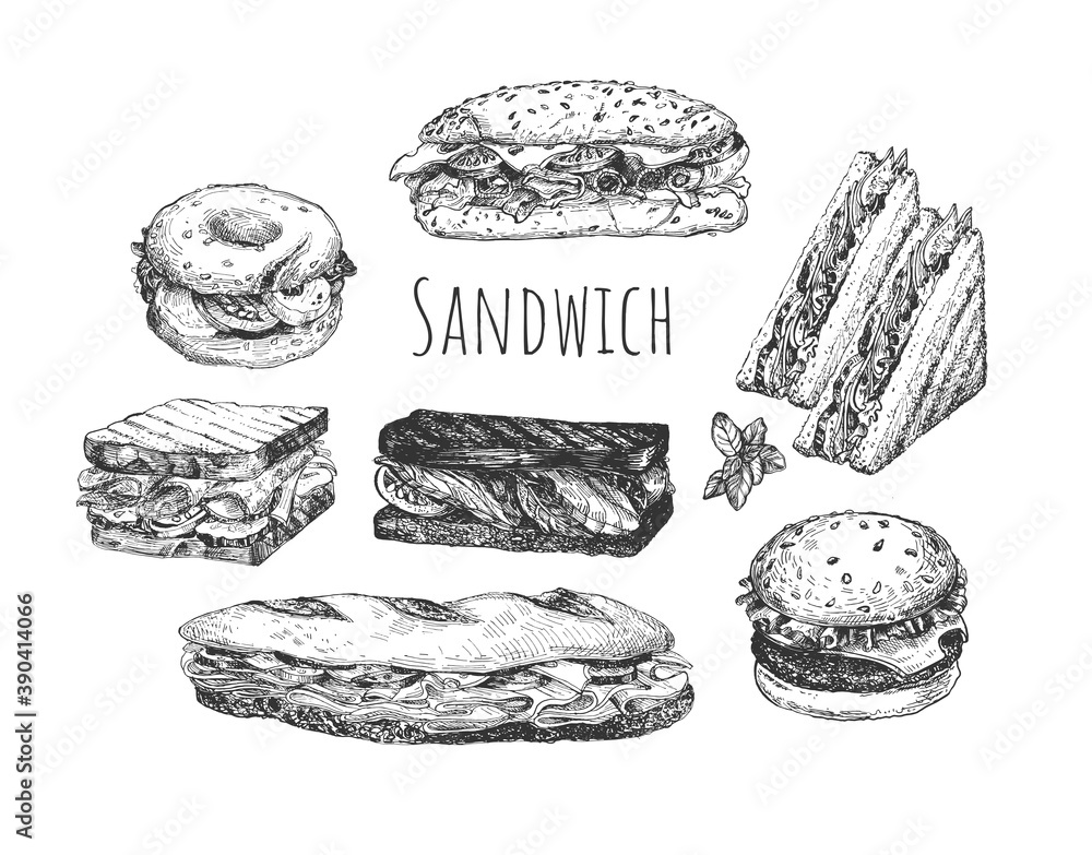 Hand drawn sketch sandwiches set Stock Vector | Adobe Stock