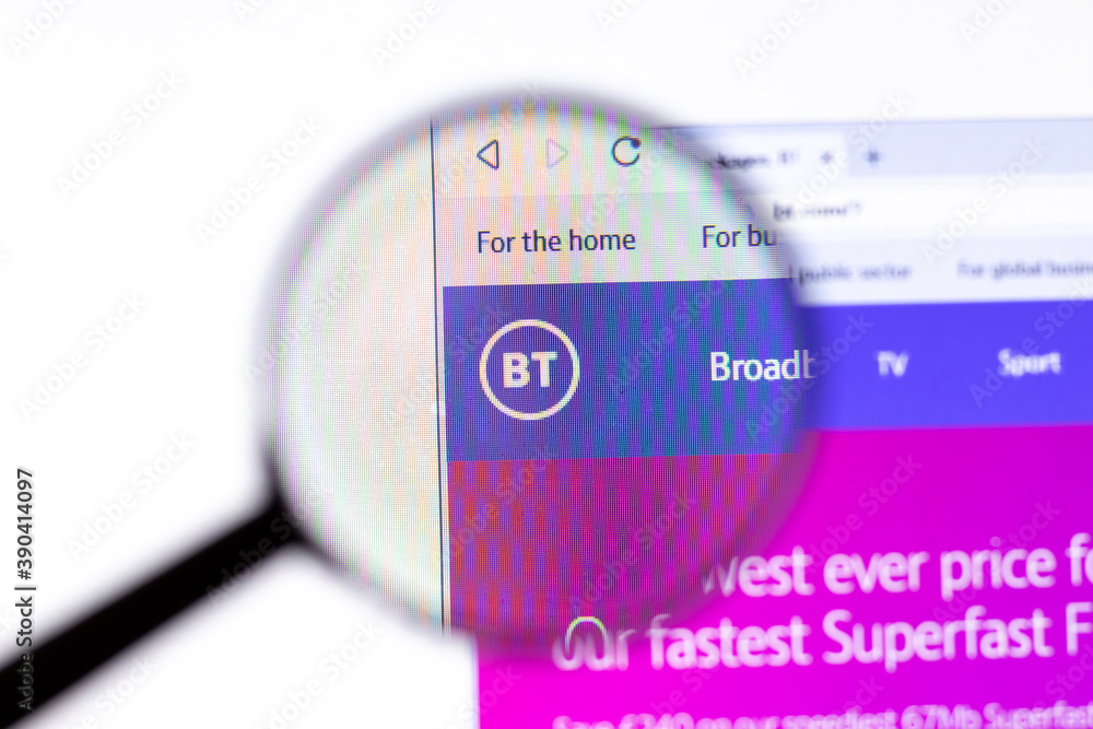 Los Angeles, California, USA - 18.02.2020: BT website page with close up logo. Bt.com site icon ...