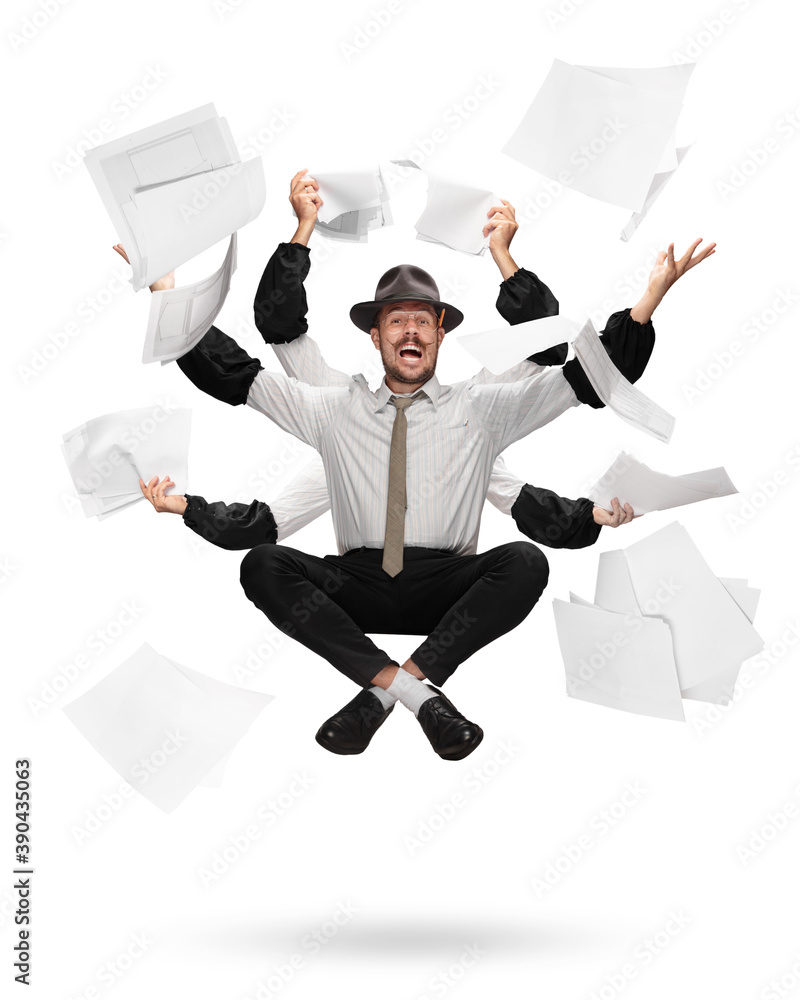 Handsome journalist, multi-armed correspondent levitating isolated on ...