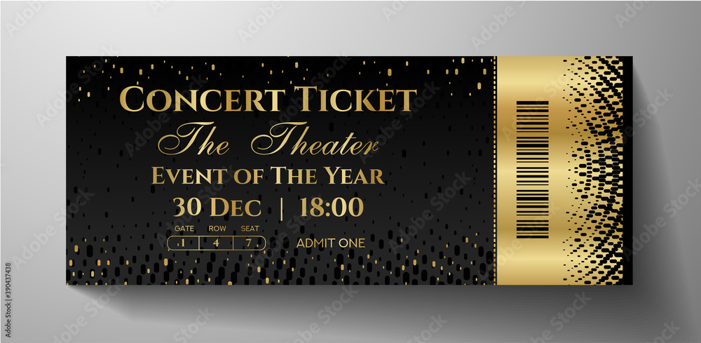 Premium black and gold ticket template design. Shimmery luxury ...