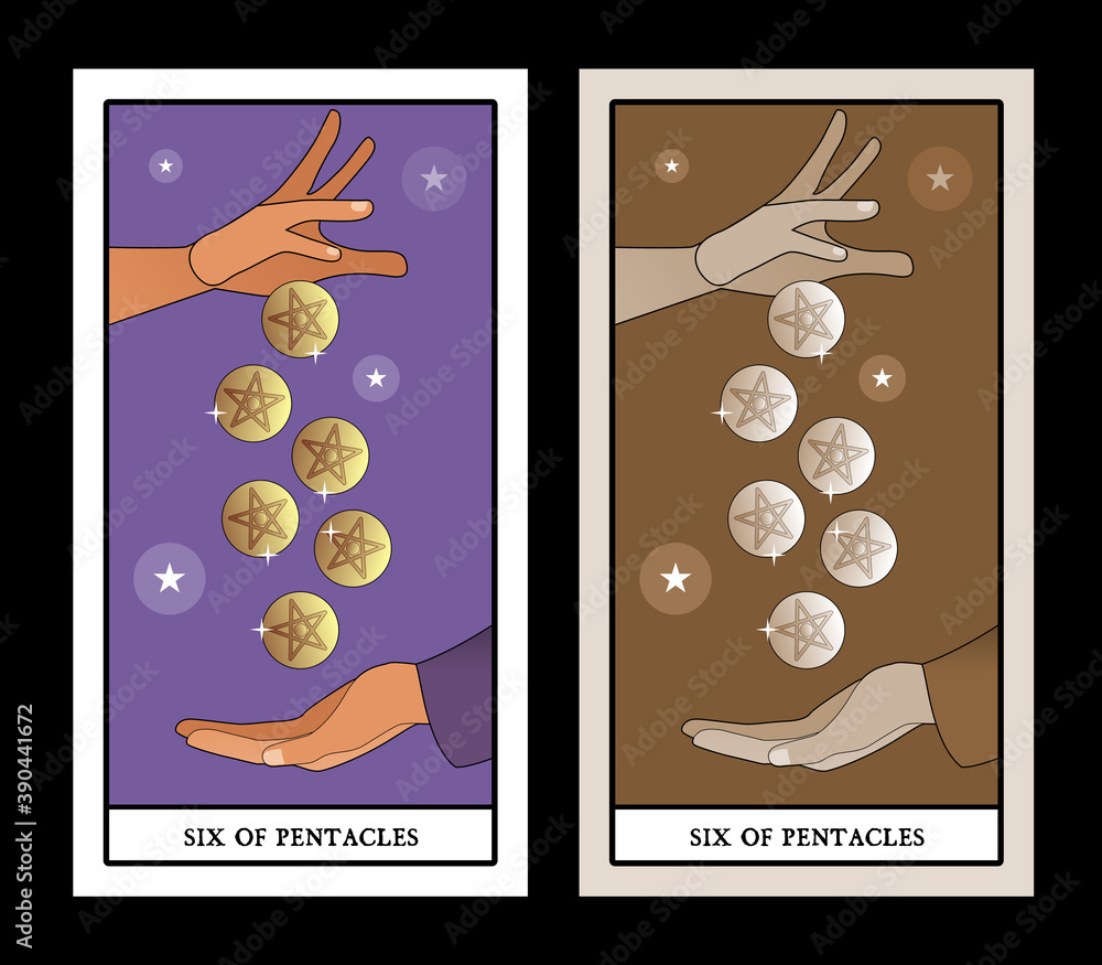 Vetor de Six of pentacles. Tarot cards. A generous hand giving six ...