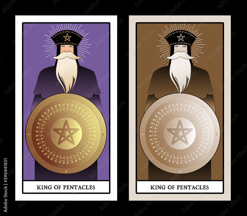 King of Pentacles with crown and long beard holding golden shield with ...