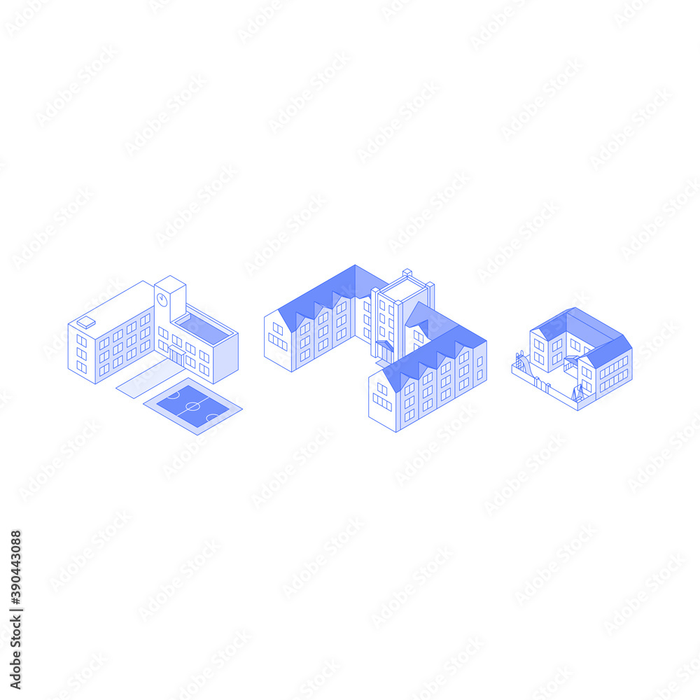 Set of isometric objects. Monochrome line art educational institution ...