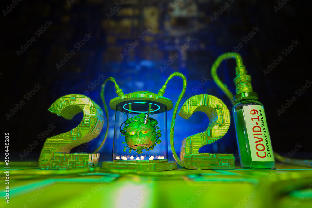 3d monster virus character rendering with word 2021 on dark blue ...