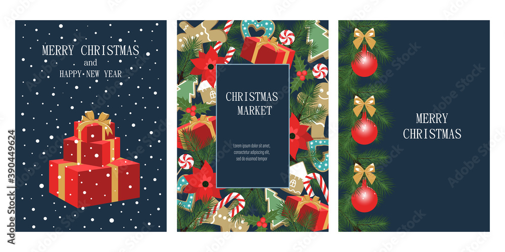 Merry christmas and happy new year greeting cards set. Christmas market ...
