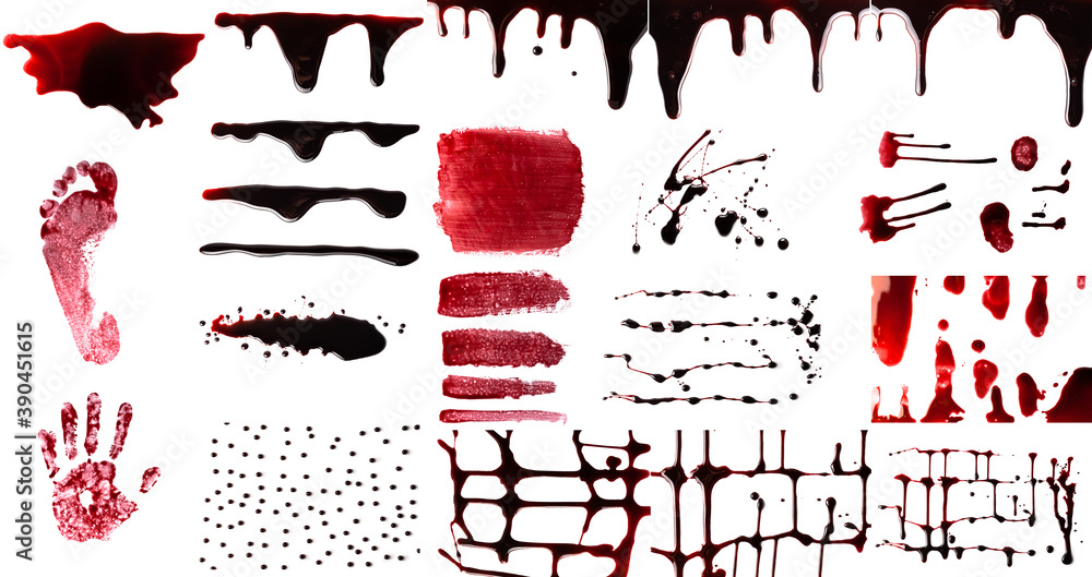 Blood collection set of various drops, drips, smear, trail isolated on ...