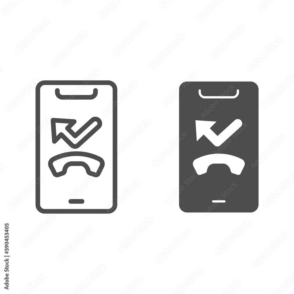 Missed call in smartphone line and solid icon, smartphone review ...