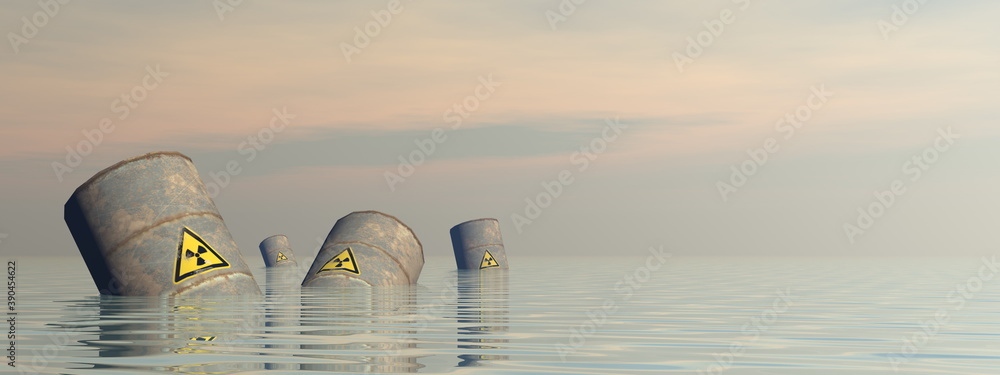 Toxic barrels floating in the water by sunset - 3D render Stock ...