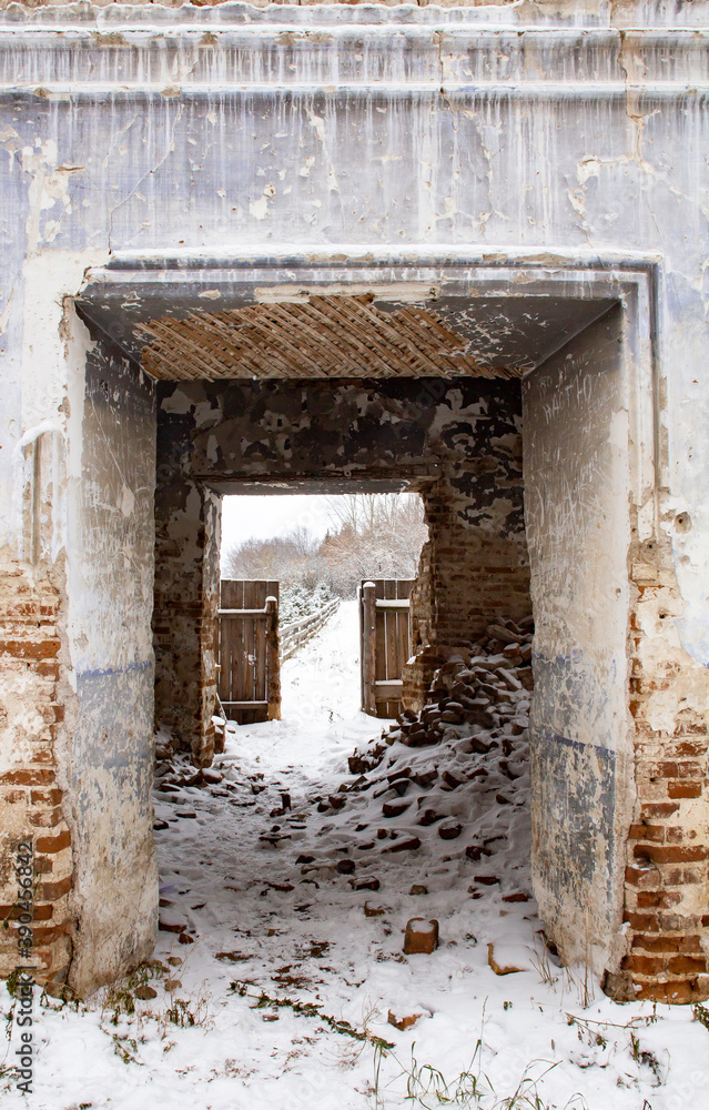 Portal or gate to an old abandoned ruined building. Ancient ...