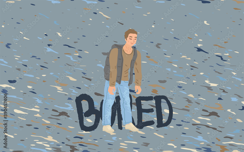 Man in a tired pose, the inscription is bored. Banner with the mental ...