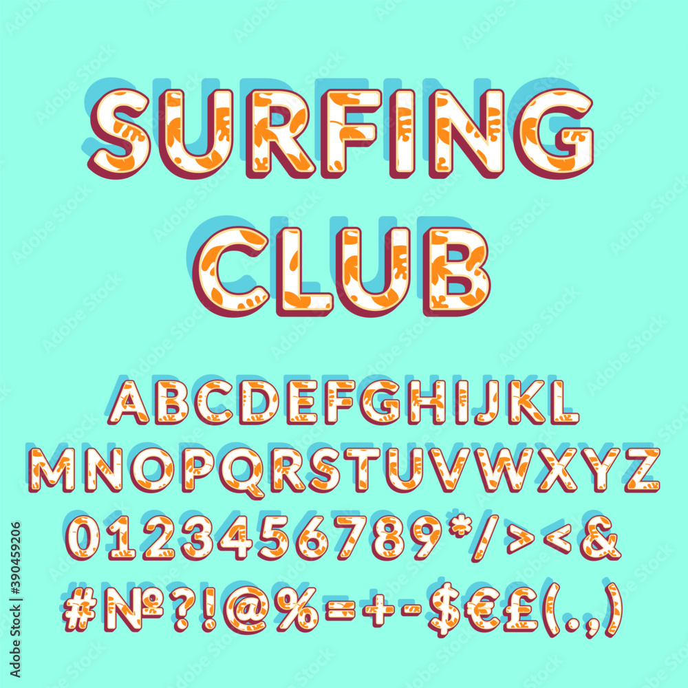 Surfing club vintage 3d vector alphabet set. Retro bold font, typeface ...