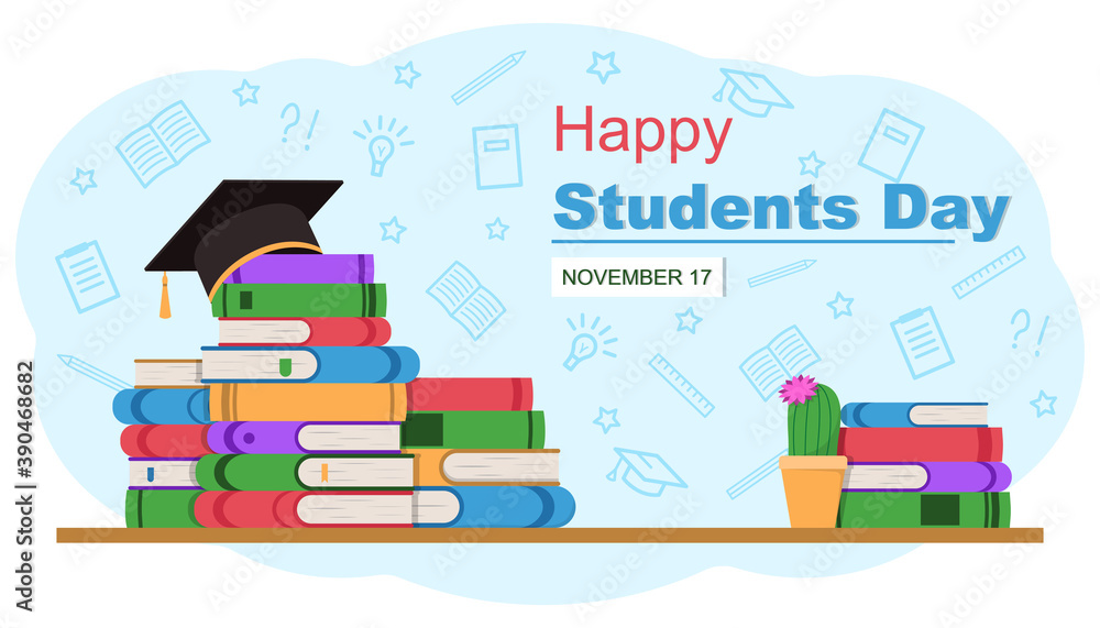 Happy Students Day banner. Stack of books and square academic cap ...