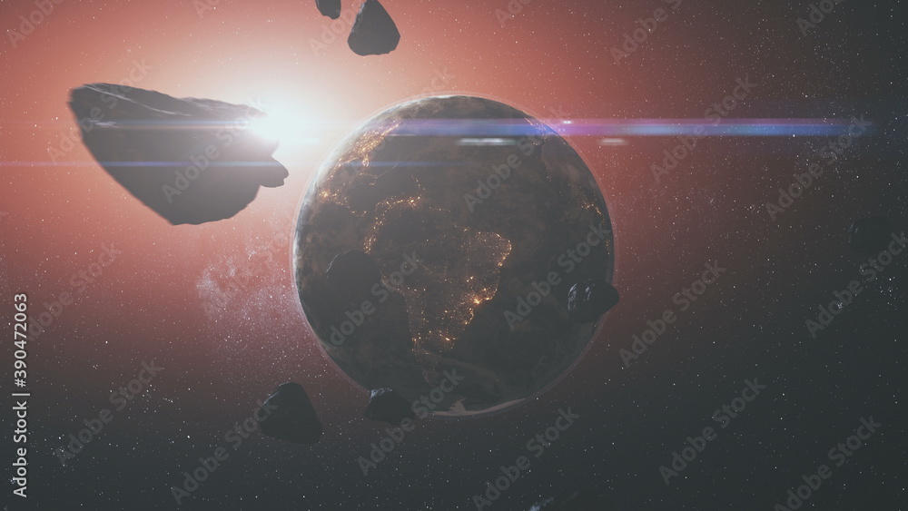 Space meteors stones silhouette at Earth planet by red sun light in outer space. Asteroids rocks ...