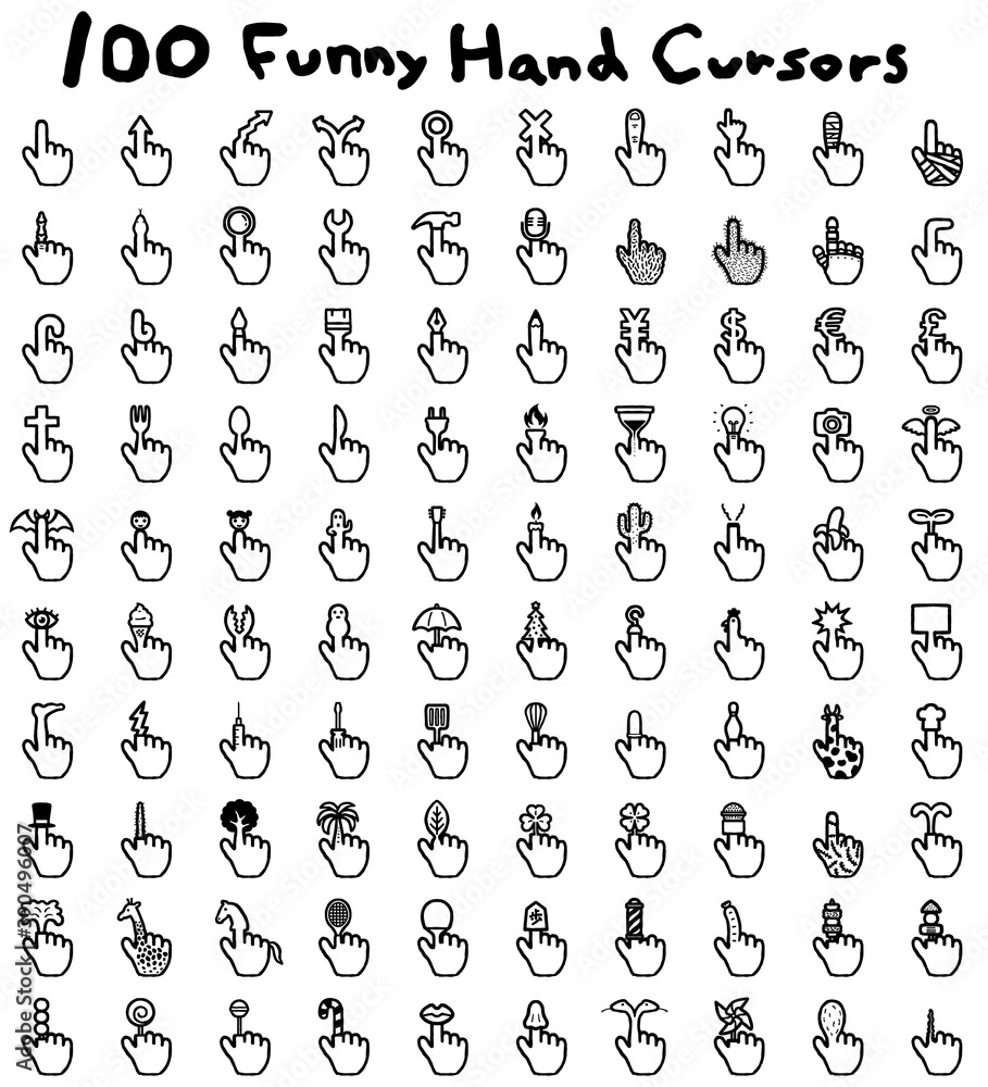100 Funny Hand Cursors Set: Doodle Icon: Hand drawn vector Icon like ...