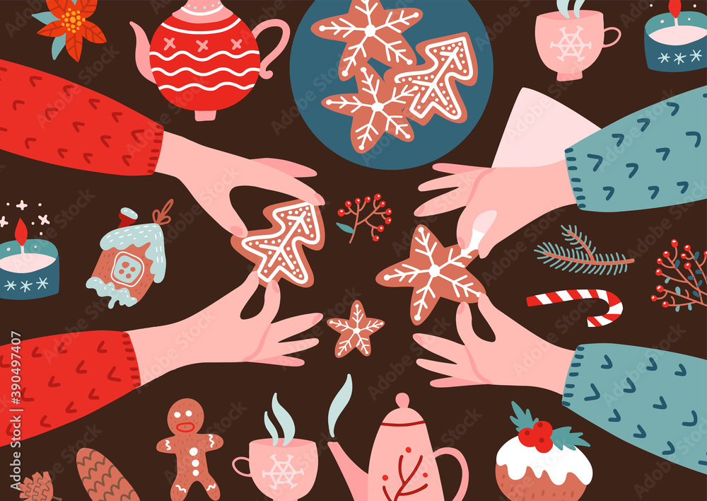 Process of cooking gingerbread. Two pairs of hands. Preparing ginger ...