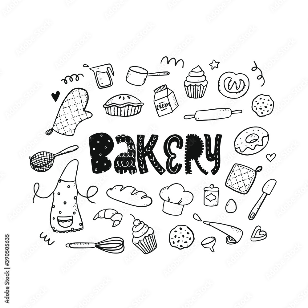 set of bakery doodles and quote isolated on white background. Good for ...
