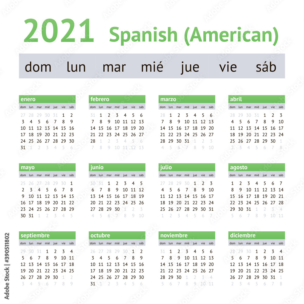 Vetor de 2021 Spanish American Calendar. Weeks start on Sunday do Stock ...