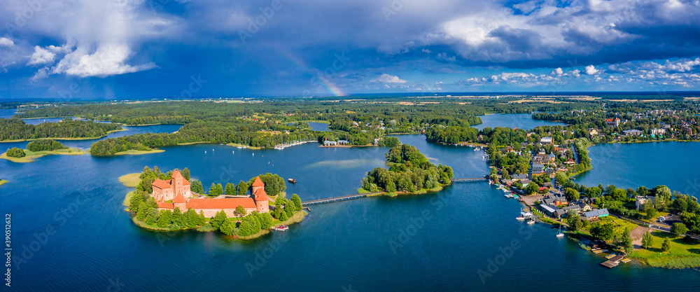 Aerial view of Trakai, over medieval gothic Island castle in Galve lake ...