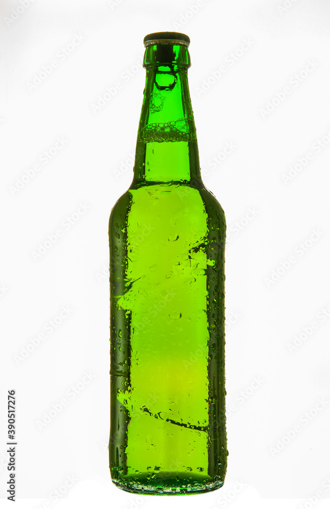 1 one green lager beer bottle with many drops isolated on white ...