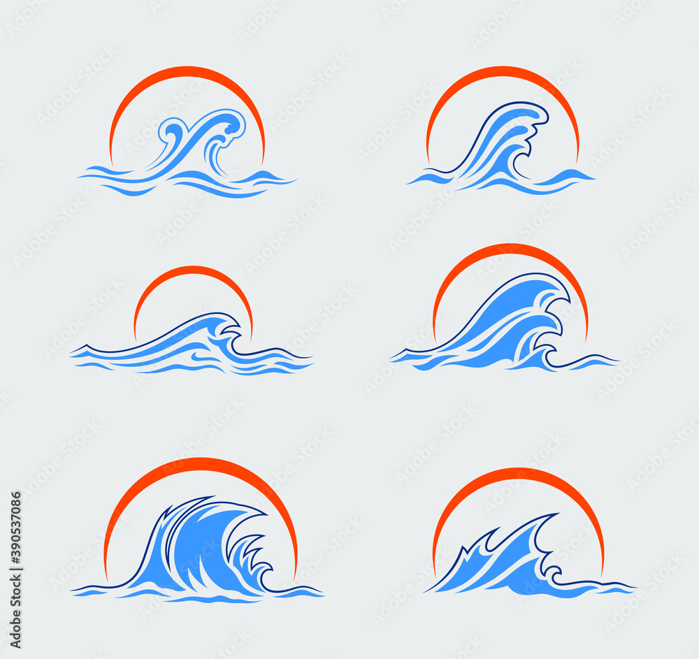 Set of water wave tsunami icon clip art vector with sun element Stock ...