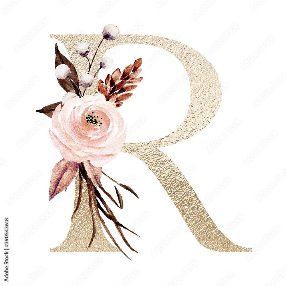 Golden letter r with watercolor flowers and leaf. Floral alphabet ...