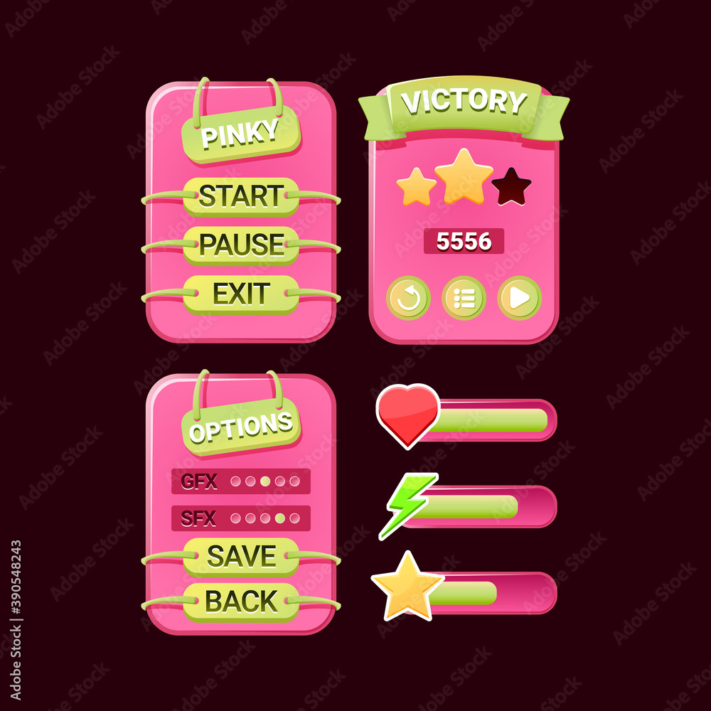 Set of pinky game ui board pop up with options menu, level victory ...