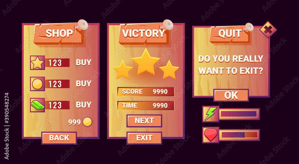 Set of game ui old wooden board pop up with shop menu, level victory ...