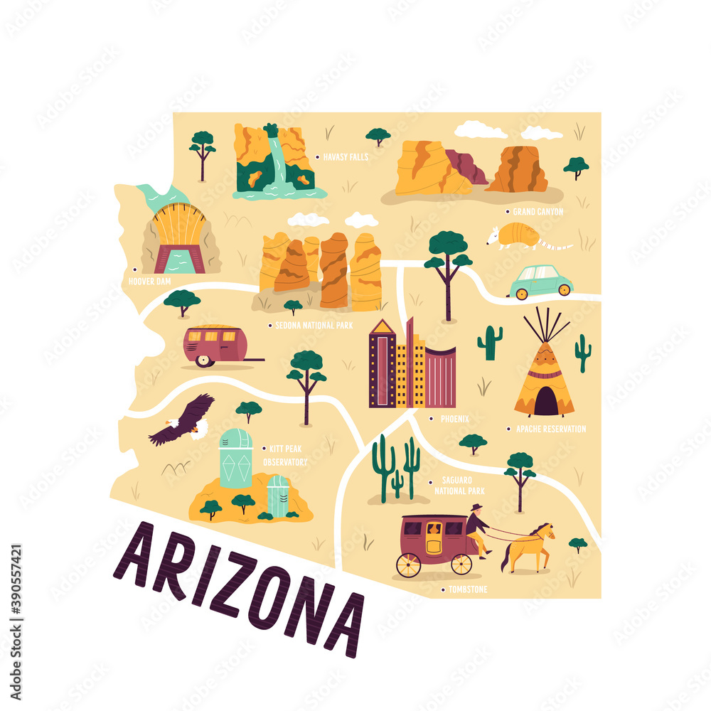 Ilustrated map of Arizona state, USA, with famous landmarks, cities ...