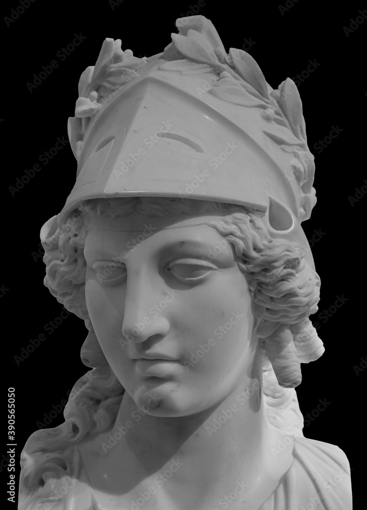 Ancient Greek goddess Athena Pallas statue isolated on black. Marble woman head in helmet ...