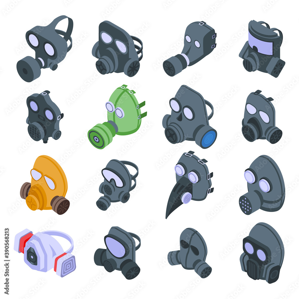 Gas mask icons set. Isometric set of gas mask vector icons for web ...