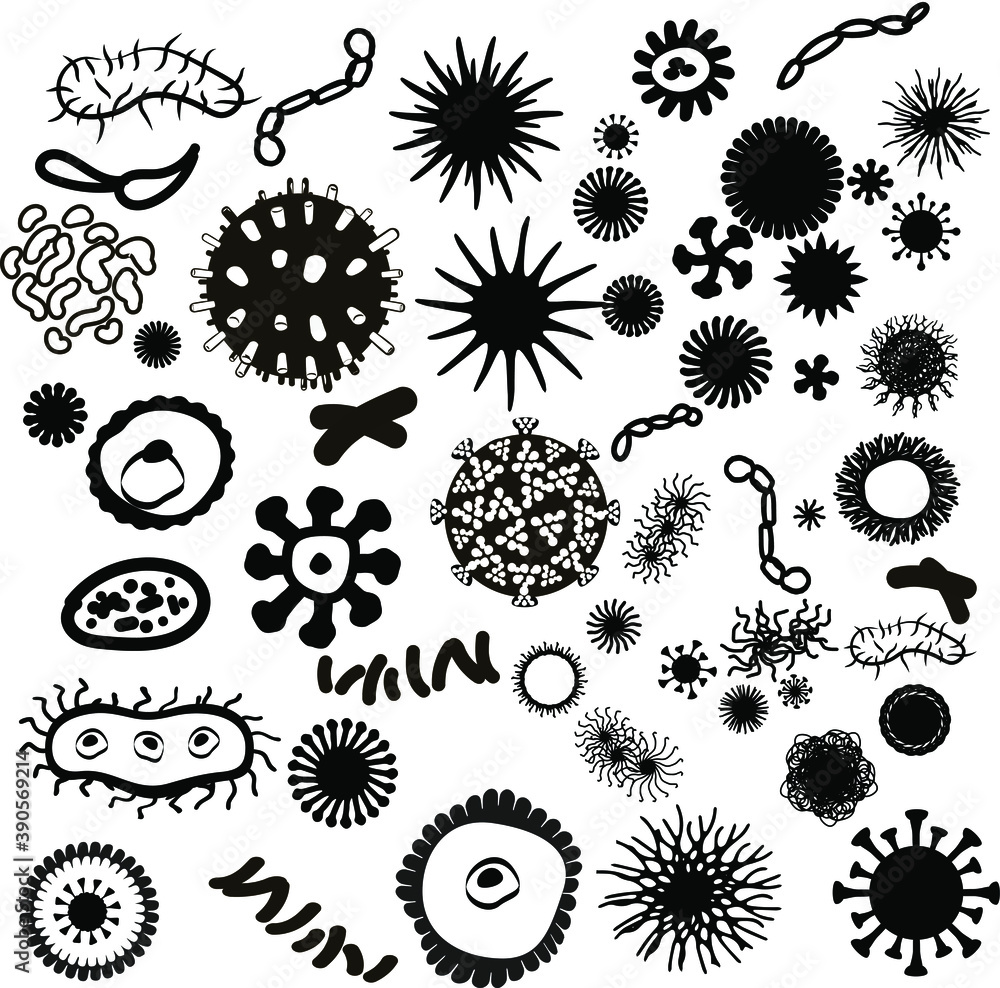 viruses, microbes, microorganisms.. various bacteria. Black and white ...