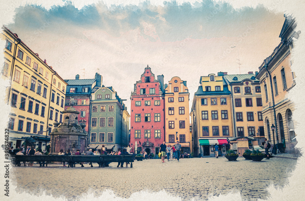 Watercolor drawing of Sweden traditional typical buildings with ...