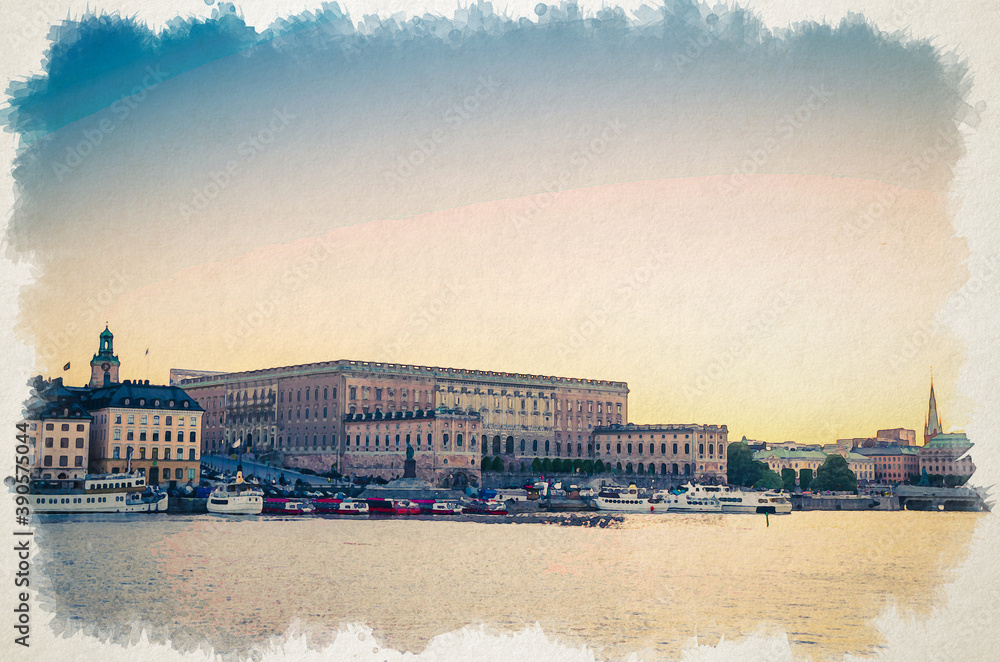 Watercolor drawing of Old historical town quarter Gamla Stan with Royal ...