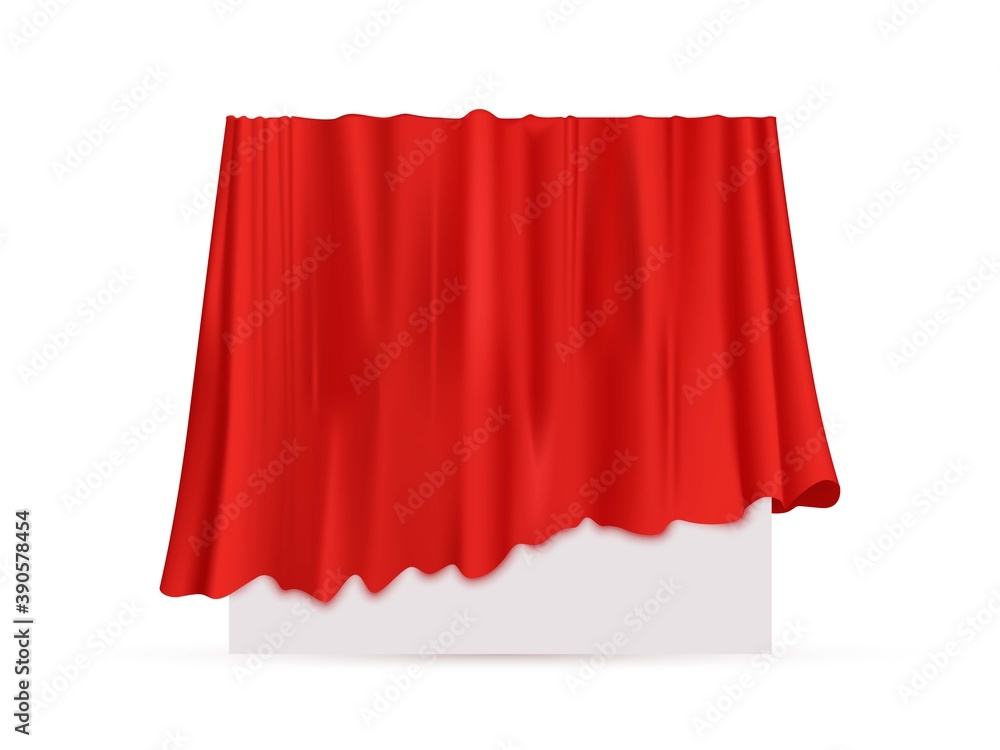 Red cloth drapery covering square object. Silk fabric hanging on gift ...
