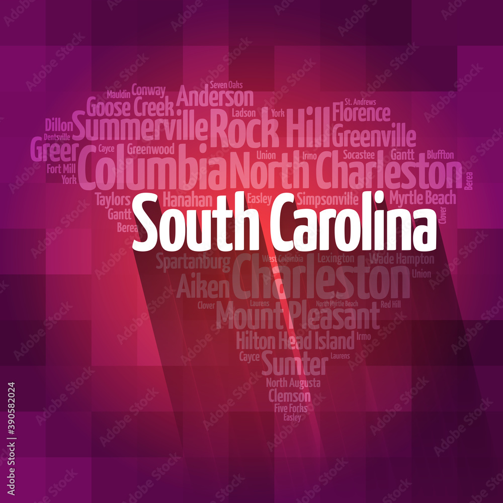 List of cities in South Carolina USA state, map silhouette word cloud ...
