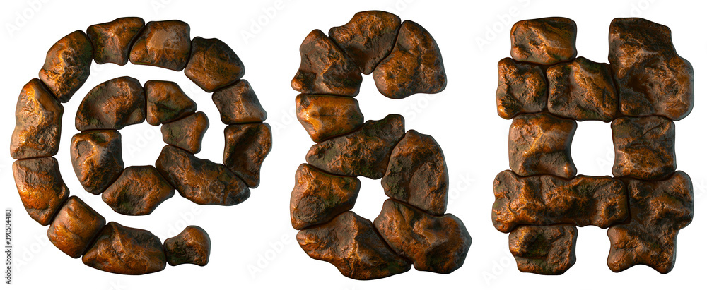 Set of rocky symbols at, ampersand, hash. Font of stone on white ...
