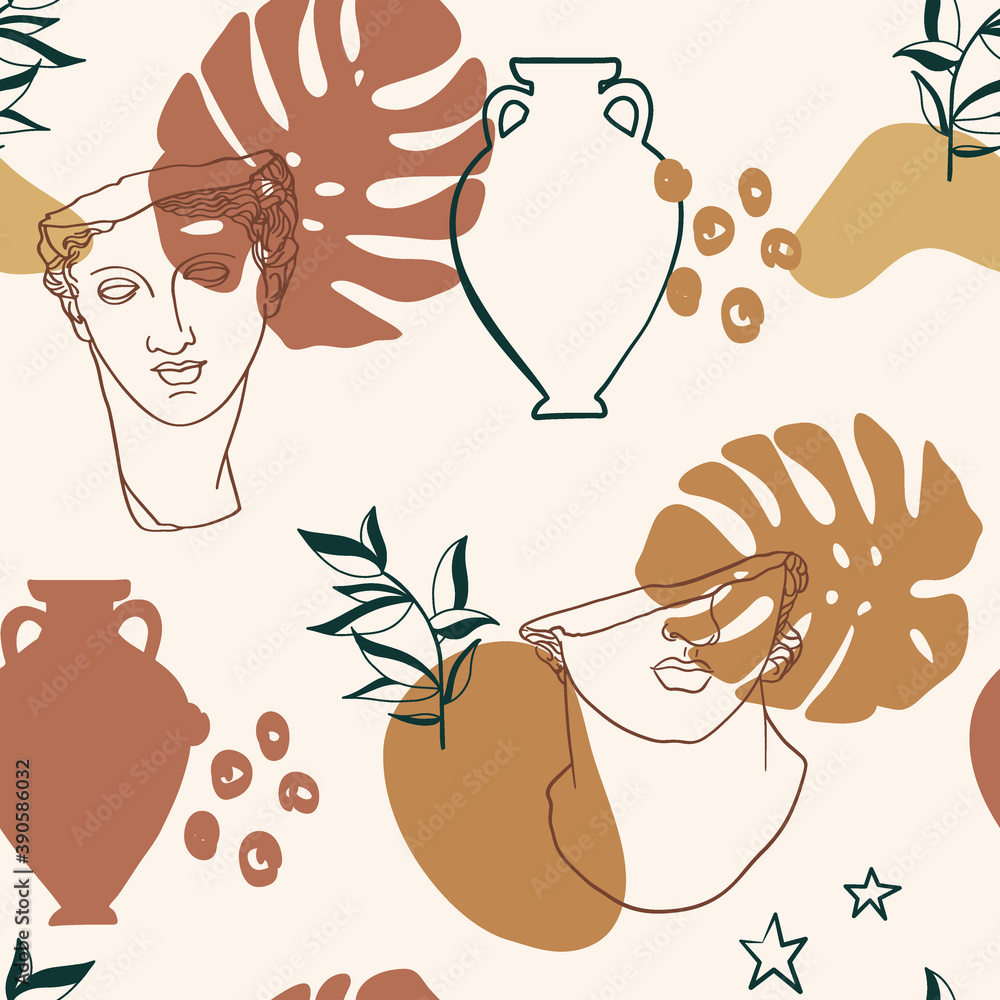 Abstract seamless pattern of Greek sculpture head line drawing, organic ...