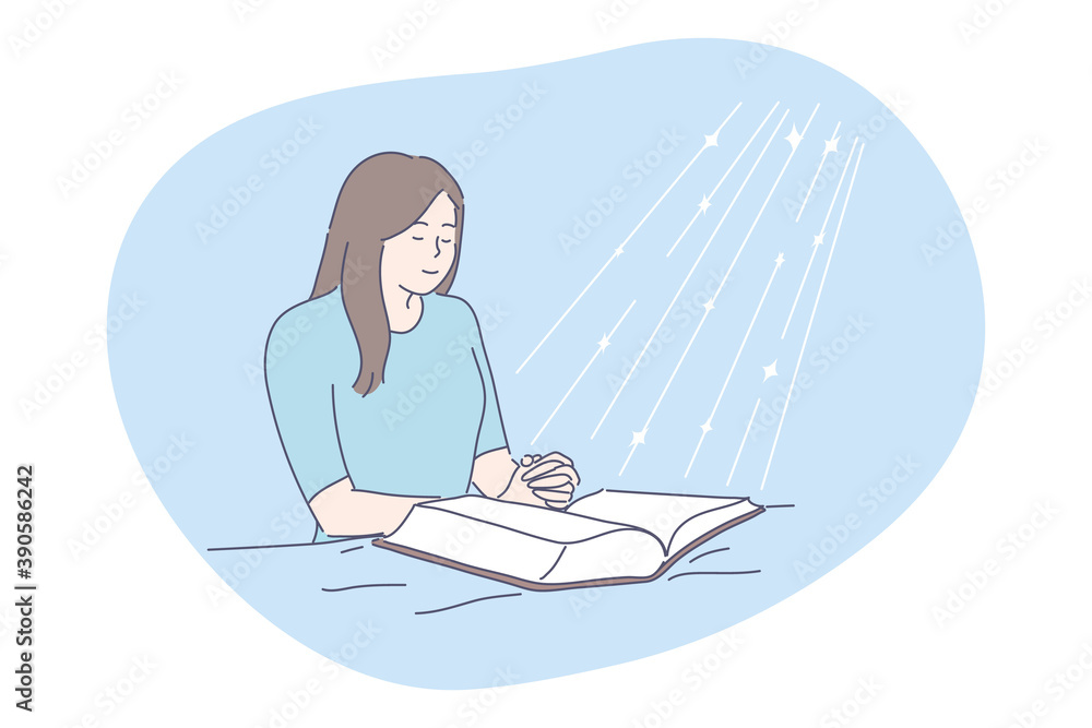 Prayer, religion, Bible concept. Young happy religious woman christian ...