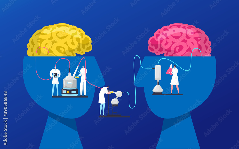 Male and female brain, human heads, man and woman faces profiles with ...