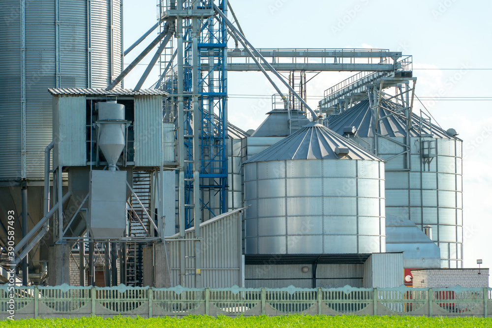 silver silos on agro manufacturing plant for processing drying cleaning ...