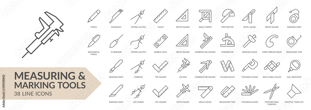 Measuring & marking tools line icon set. Isolated signs on white ...