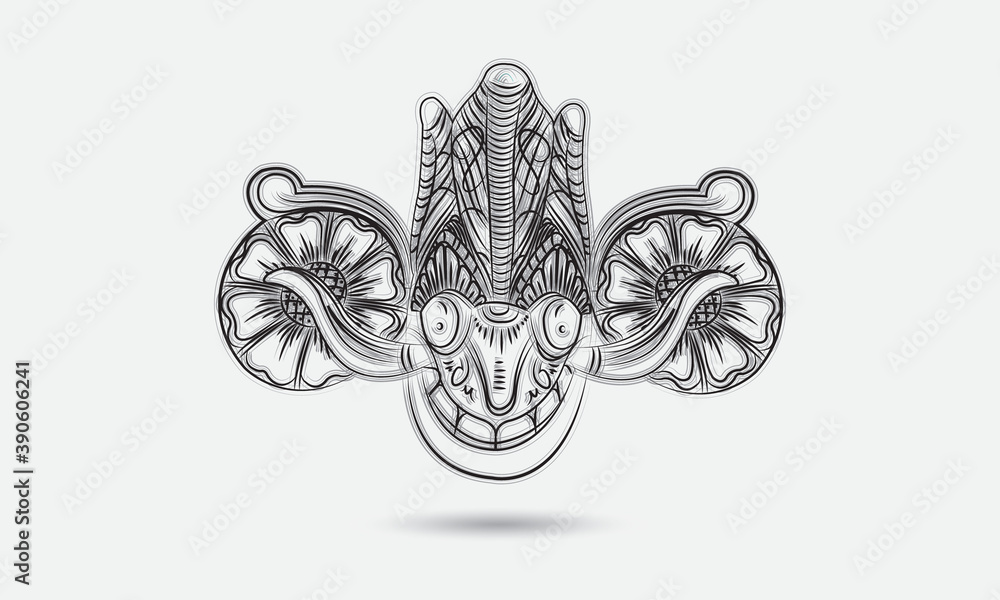 Traditional Sri Lankan Mask Black & White Illustration - Line Drawing ...