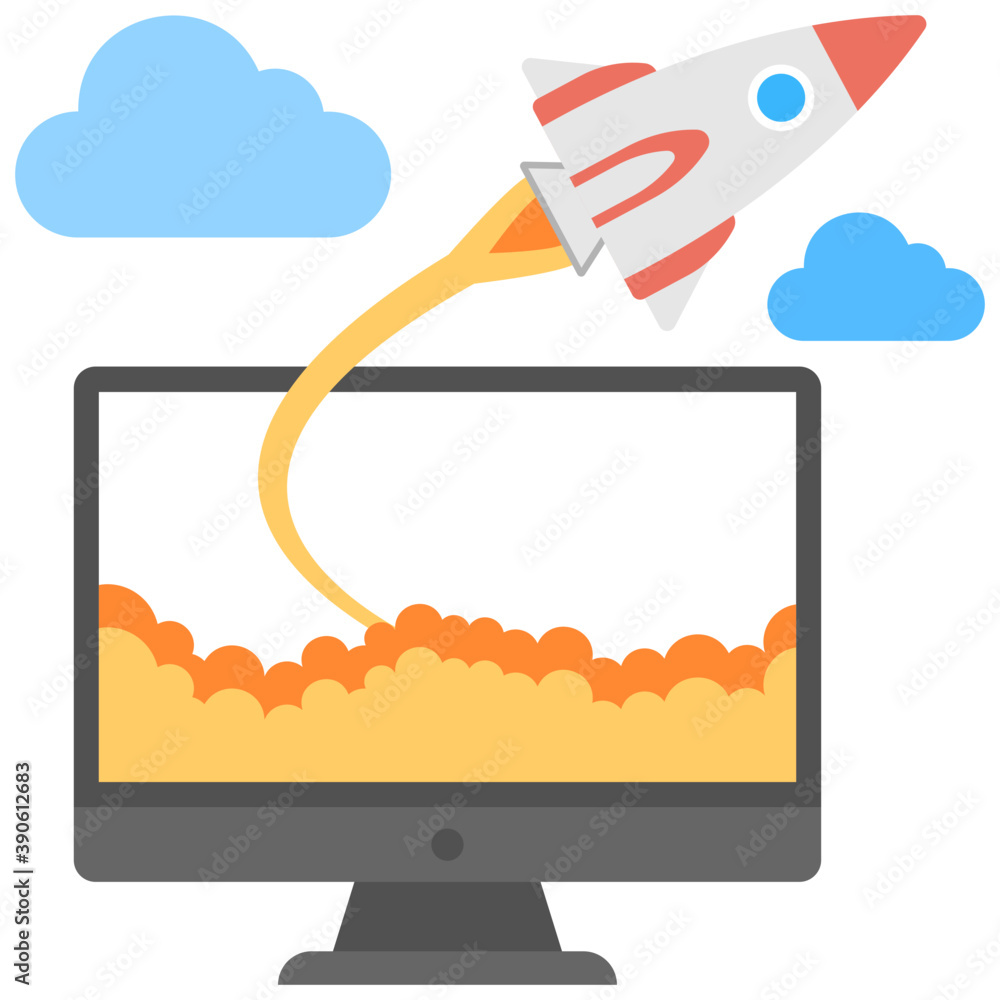 Startup launching concept with a cartoon rocket emerging from computer ...
