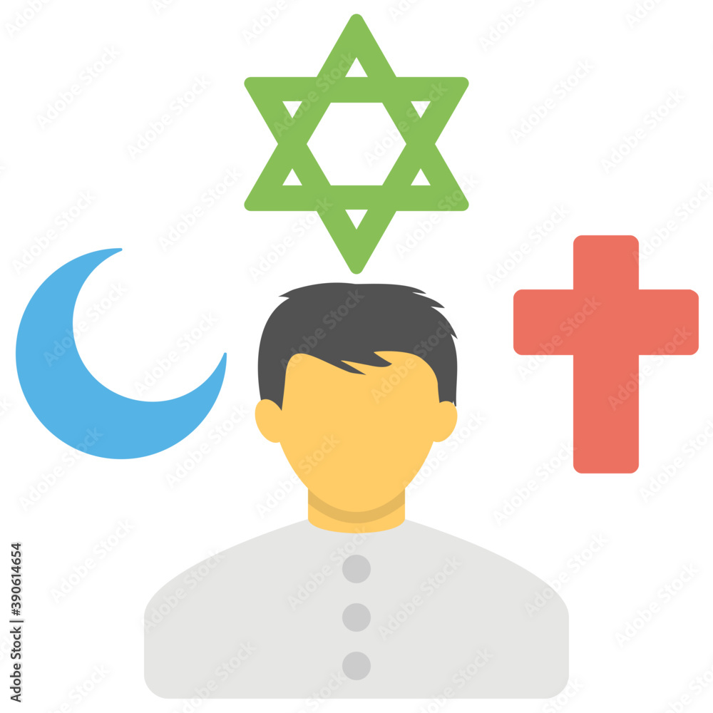 Human avatar of priest with different signs of judaism and christianity ...